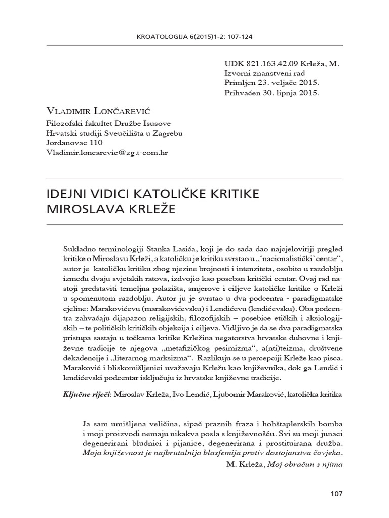 04 V Loncarevic Idejni Vidici Katolicke Kritike M Krleze | PDF