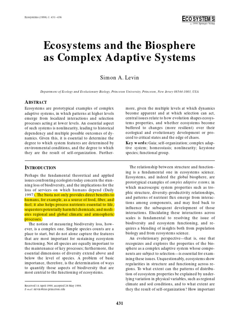 Ecosystems and The Biosphere As Complex Adaptive Systems | PDF ...