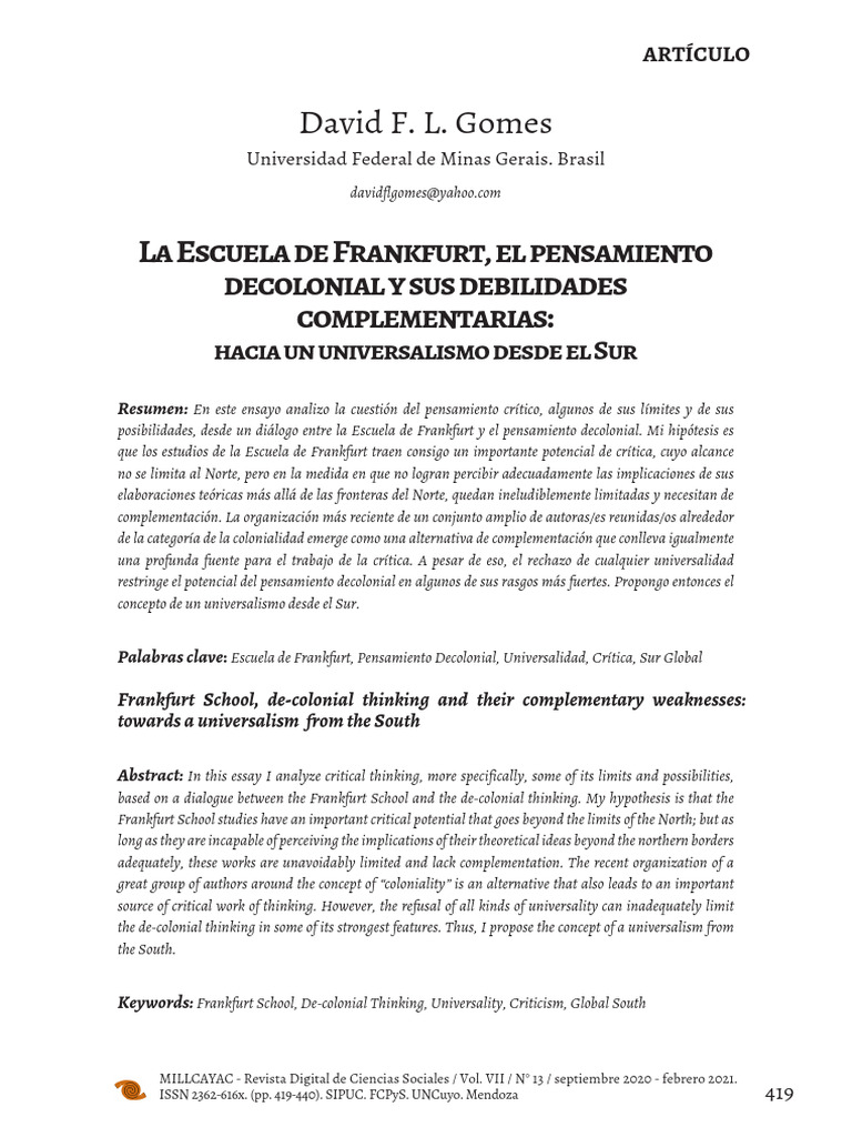 La Escuela de Frankfurt, El Pensamiento Decolonial e Sus Debilidades Complementarias - Hacia Un ...