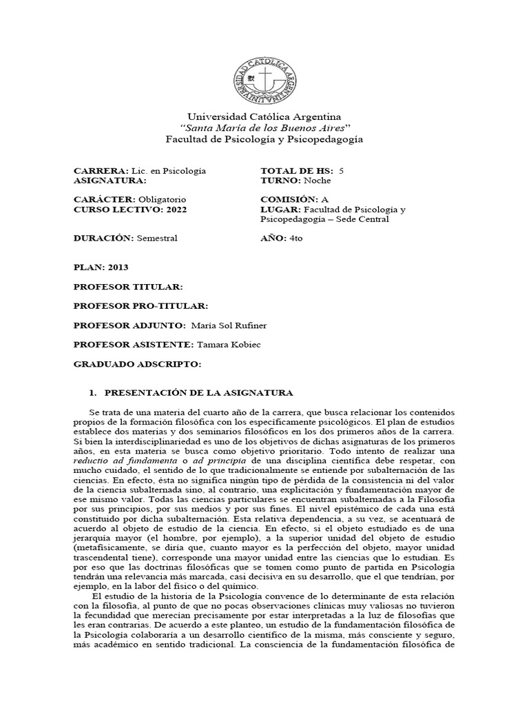 Programa Seminario de Integración Filosofía y Psicología Rufiner Kobiec ...