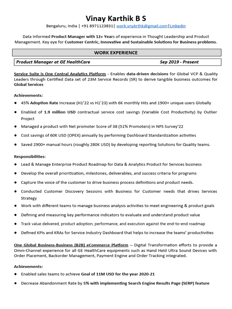 Product Manager - 2023 - Vinay Karthik B S - Resume | PDF | Scrum (Software Development ...