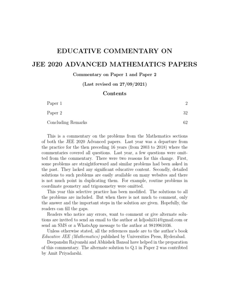 Jee2020 KD Joshi Sir Commentary | PDF | Matrix (Mathematics) | Determinant