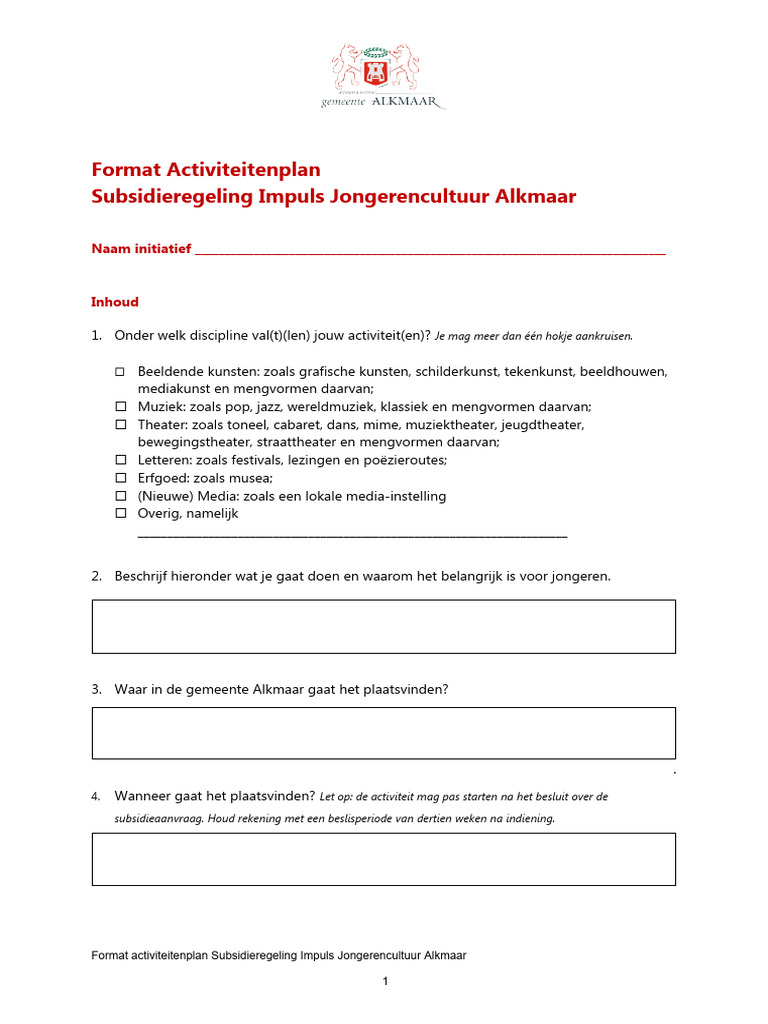 Format Activiteitenplan Subsidieregeling Impuls Jongerencultuur 2 | PDF