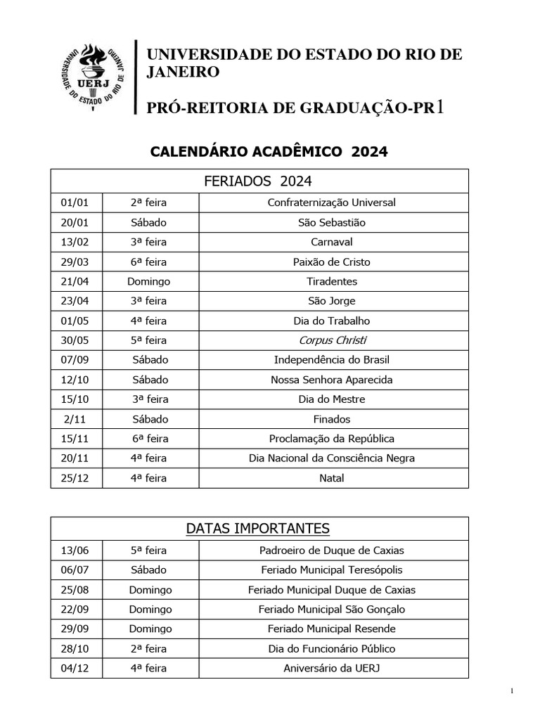 Calendario Academico Uerj 2024 - Completo | PDF | Estágios educacionais ...