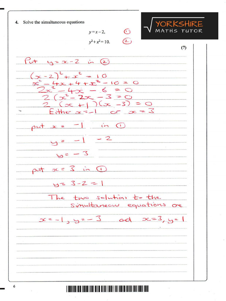 Simultaneous Equations With Quadratic Answers Pdf