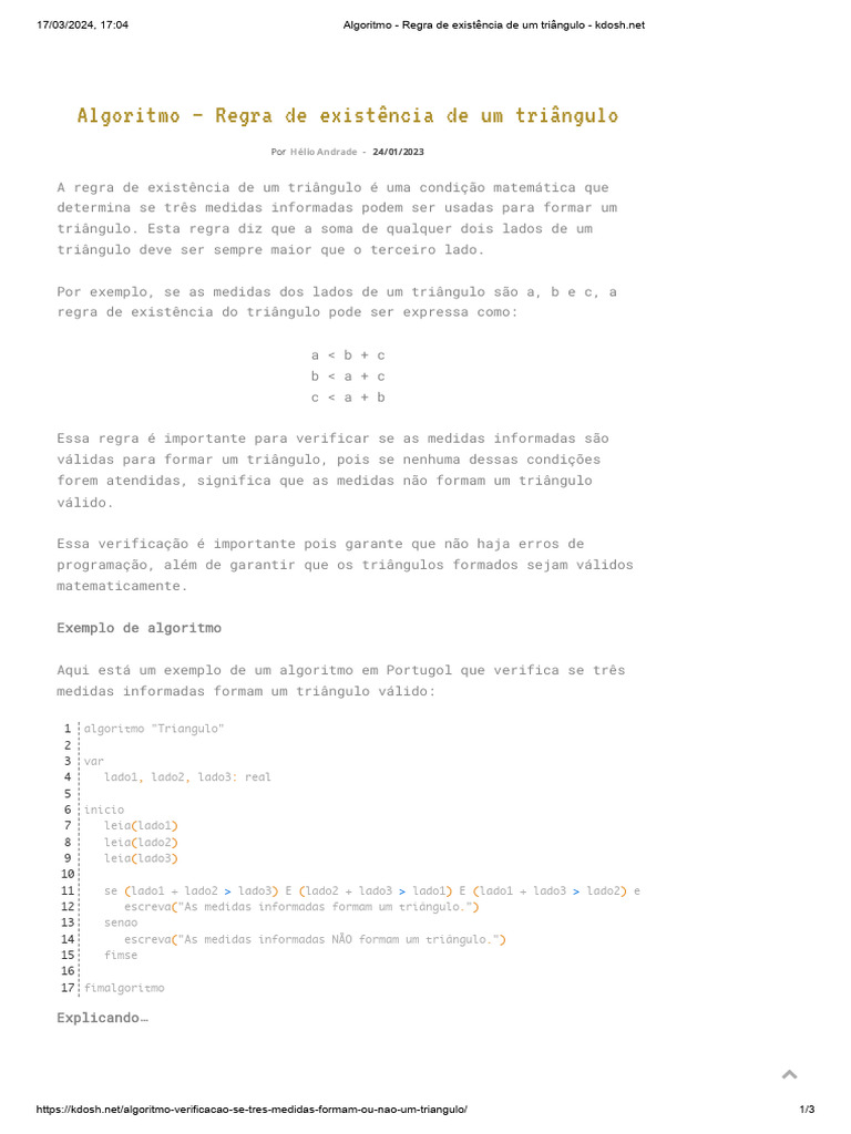 Algoritmo - Regra de Existência de Um Triângulo | Download grátis PDF | Triângulo | Algoritmos