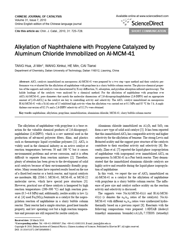 Alkylation of Naphthalene With Propylene Catalyzed by Aluminum Chloride Immobilized On Al-MCM-41 ...