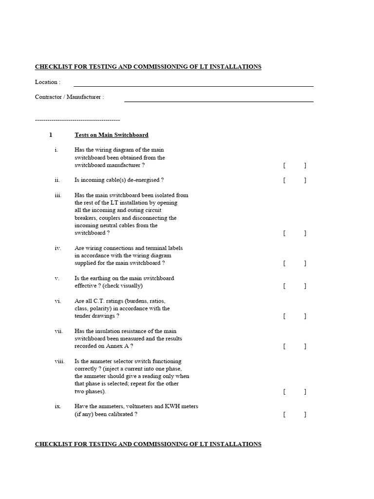 Checklist For Testing & Commissioning | PDF | Equipment | Electrical Wiring
