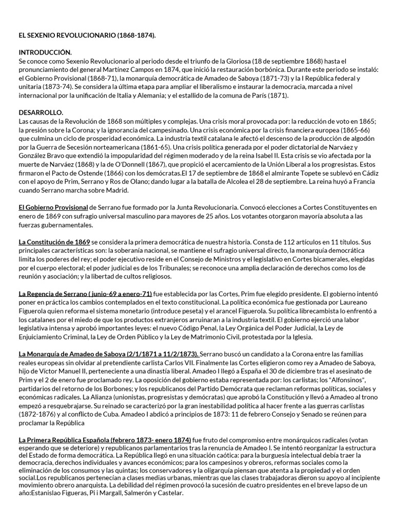11. EL SEXENIO REVOLUCIONARIO (1868-1874) | PDF | Gobierno | España