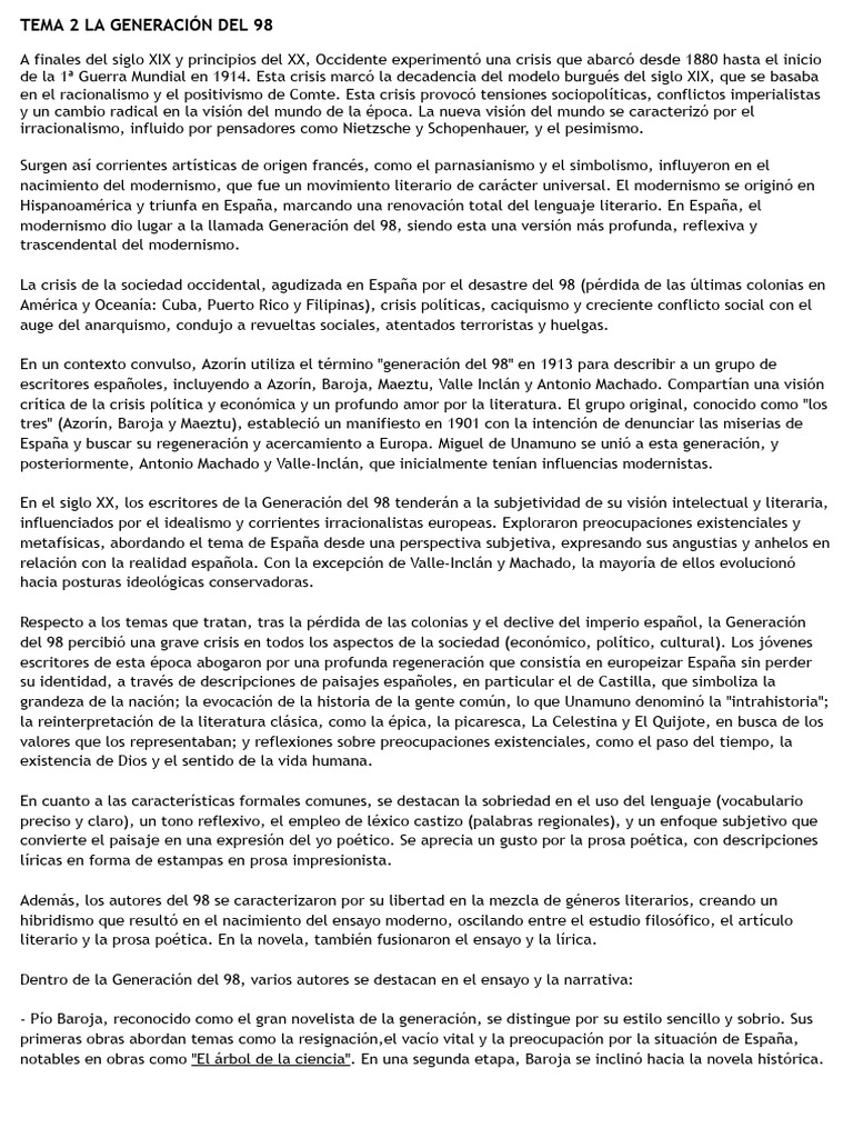 Tema 2 La Generación Del 98 | PDF