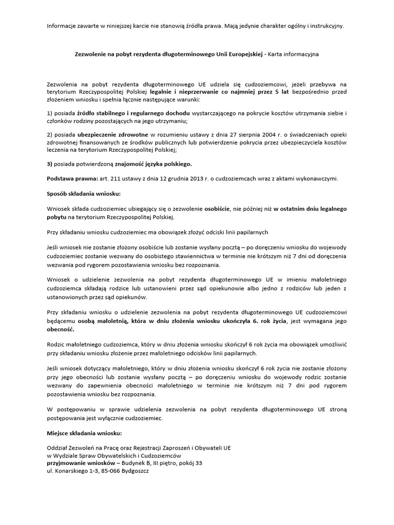 Zezwolenie Na Pobyt Rezydenta Dlugoterminowego Ue | PDF