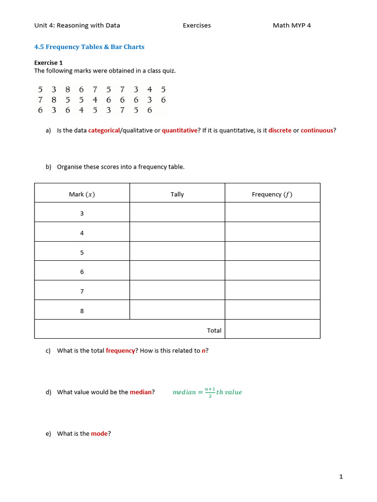 Frequency Tables & Bar Charts Worksheet | PDF | Mode (Statistics) | Mean