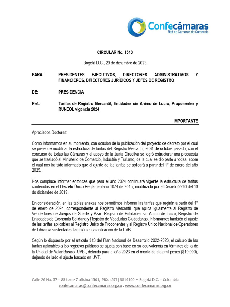 Circular 1510 Tarifas Vigencia 2024 F 3 | PDF | Industrias de servicio ...