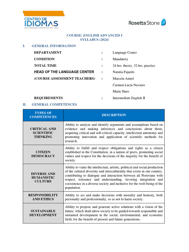 Advanced English I Syllabus 2024 | PDF | Linguistics | Grammar