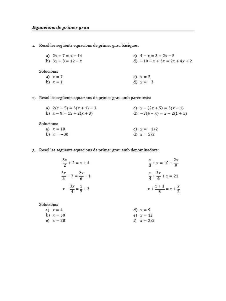 Equacions de Primer Grau | PDF