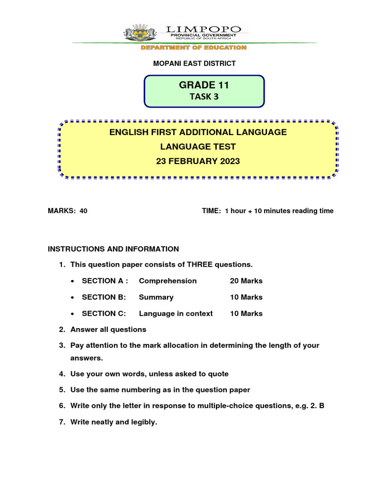 Grade 11 EFAL - Task 3 QP - 23 Feb 2024 | PDF | English Language | Grammar
