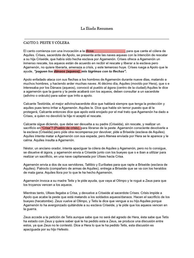 La Ilíada: Resumen de Cánticos | PDF | Héctor | Aquiles