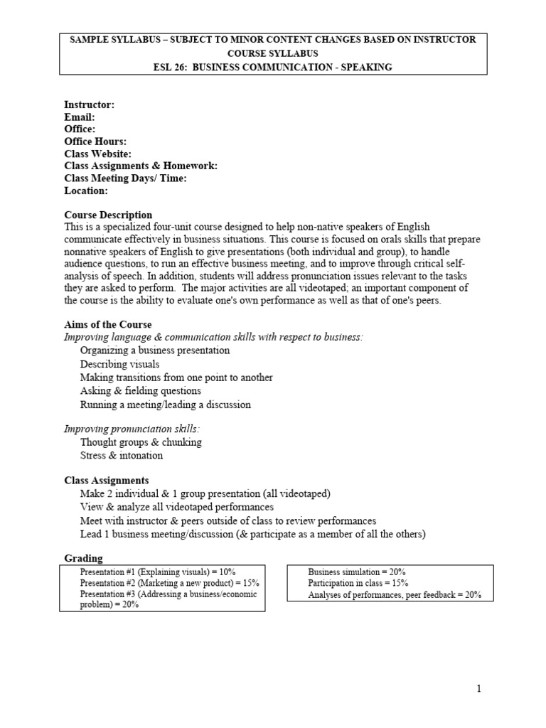 ESL 26: Business Communication Syllabus | PDF | English As A Second Or ...