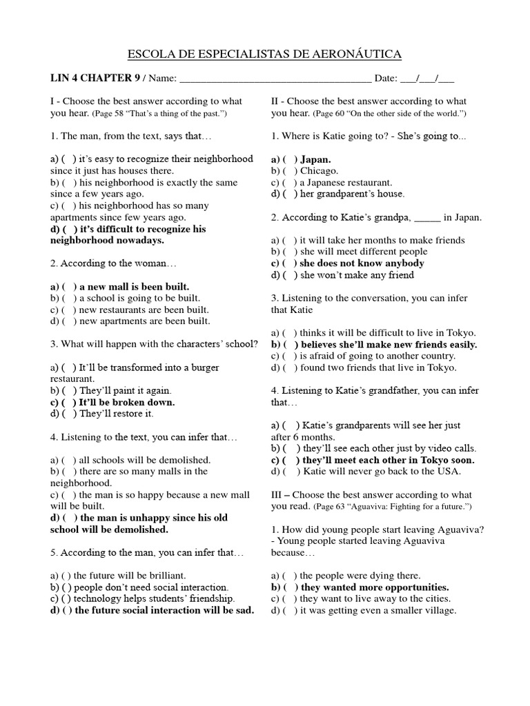 Gabarito - Lin 4 Chapter 9 - Extra Activity | PDF