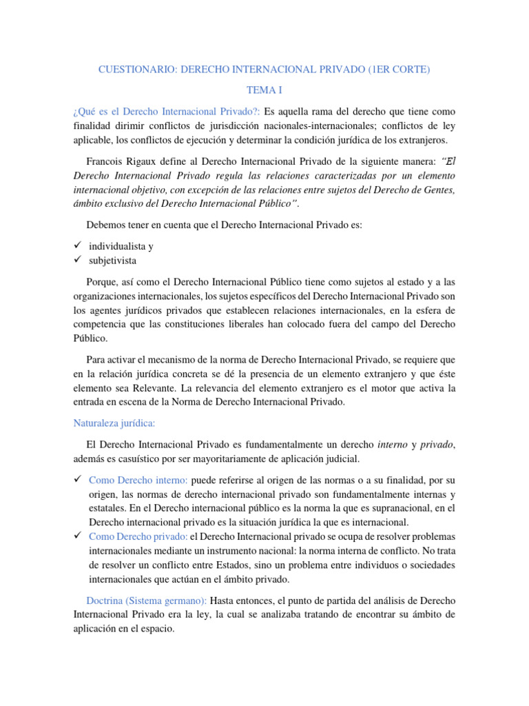 (CUESTIONARIO) Derecho Internacional Privado - Examen (Corte I) | PDF ...