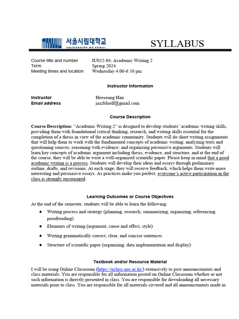 SYLLABUS - 2024 Spring | PDF | Essays | Plagiarism