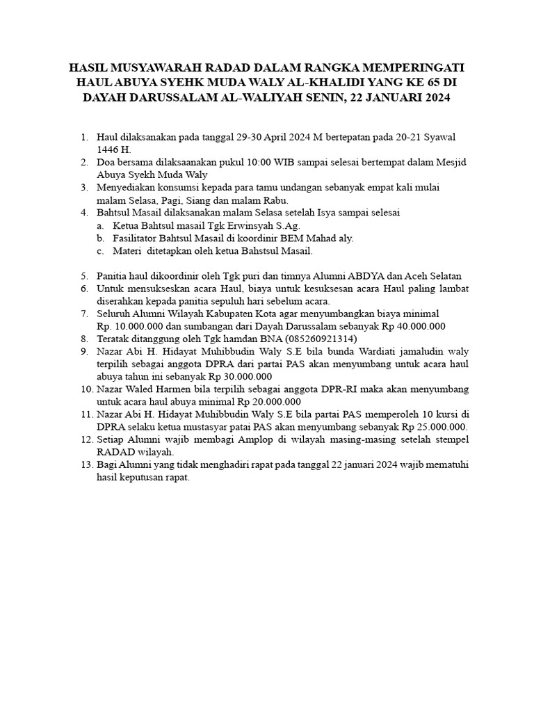 Hasil Musyawarah Radad Dalam Rangka Memperingati Haul Abuya Syekh Muda ...