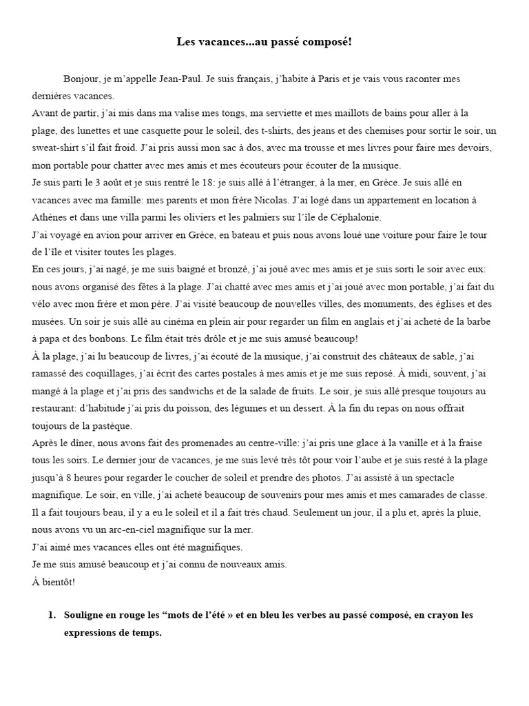 Récit de vacances au passé composé | PDF