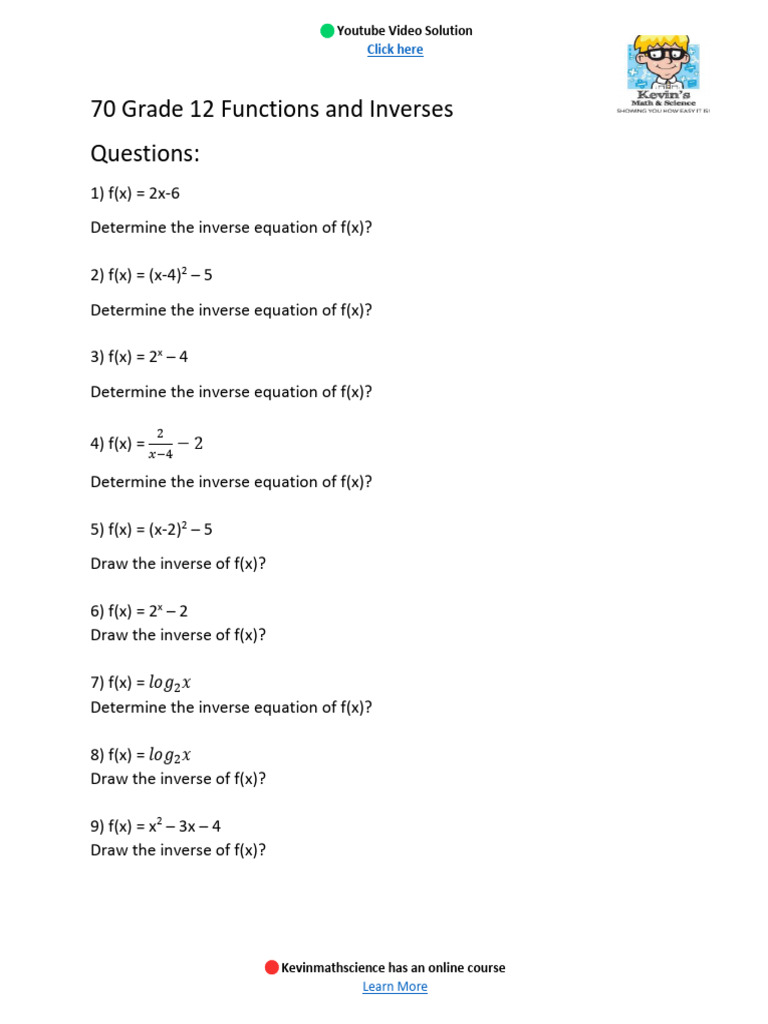 Grade 12 Functions and Inverses Solutions | PDF | Mathematical Objects ...
