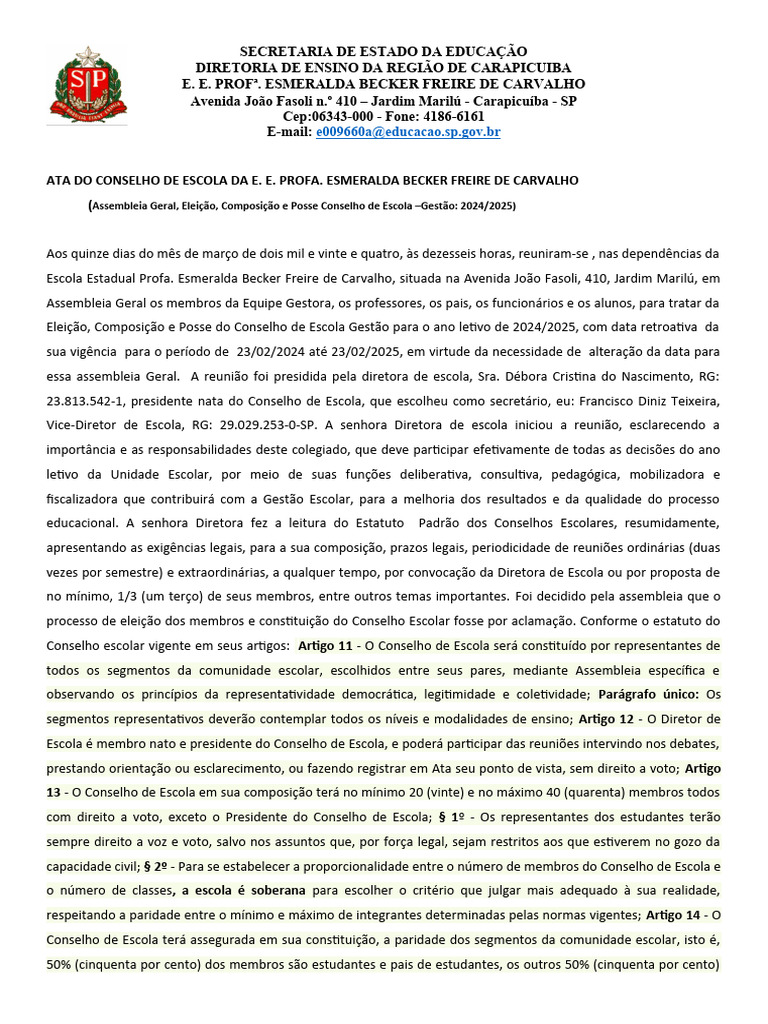 Ata de Eleição de Conselho de Escola Becker - 2024 - 2025 | PDF ...