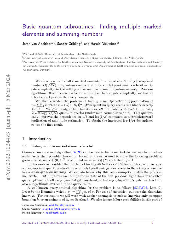 Basic quantum subroutines: finding multiple marked elements and summing ... Basic quantum subroutines: finding multiple marked elements and summing ...