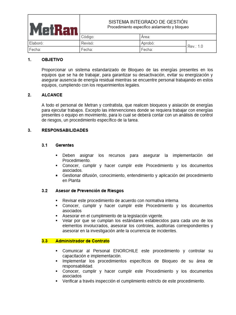 Procedimiento de Aislamiento y Bloqueo Energético | PDF | La energía ...