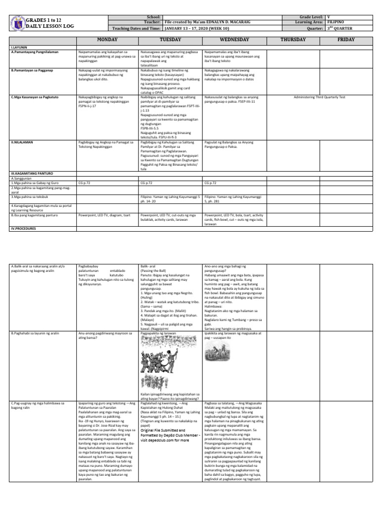 DLL - Filipino 5 - Q3 - W10 | PDF