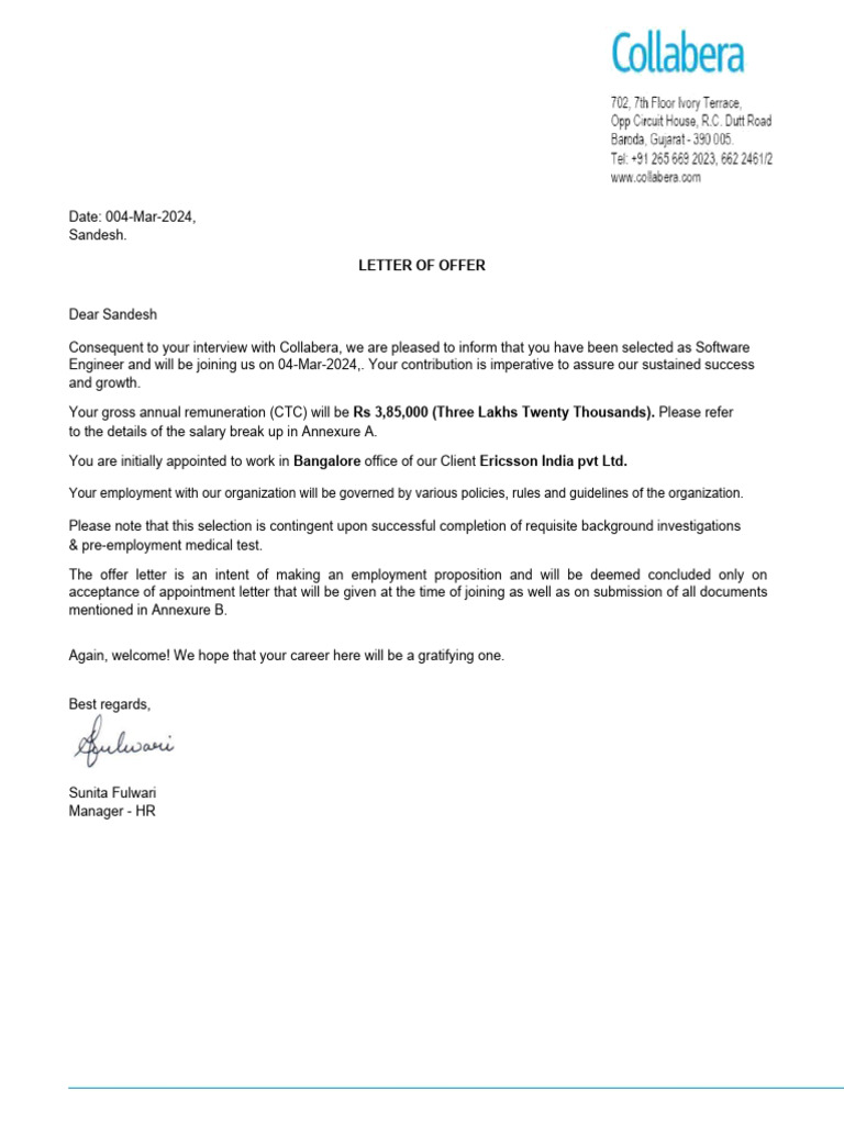 Sandesh's Software Engineer Offer Letter | PDF | Identity Document ...