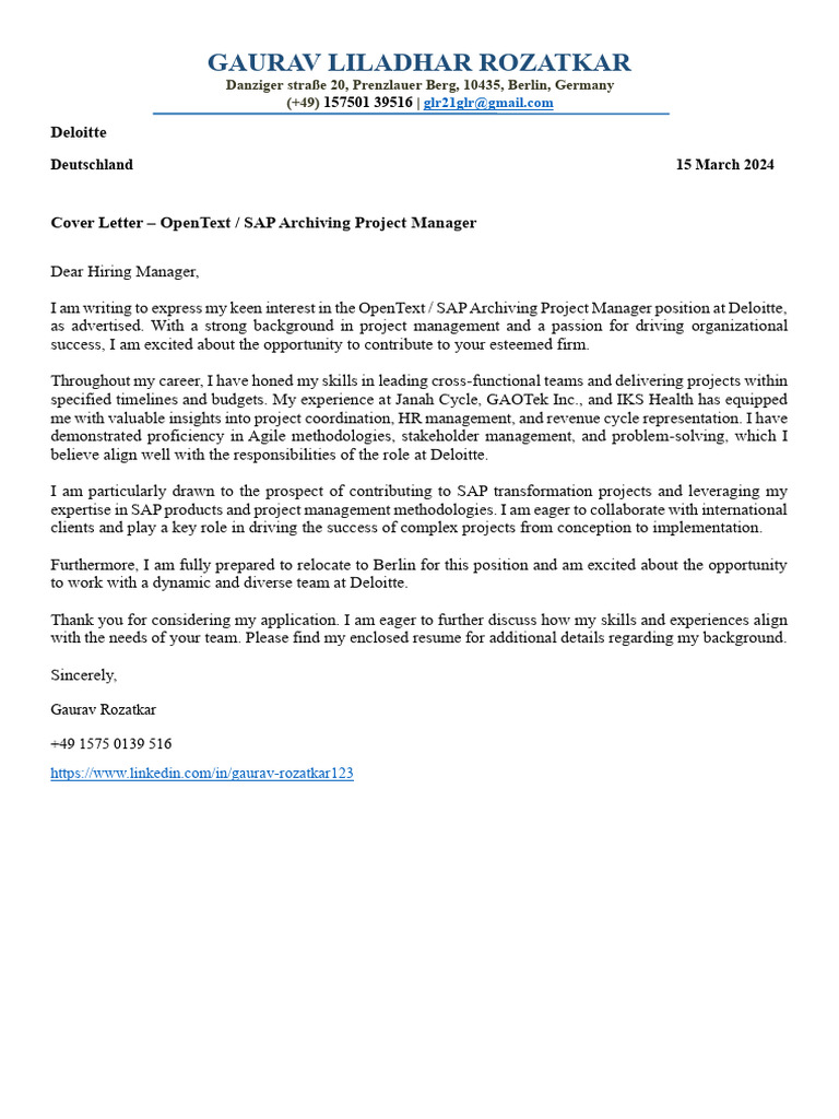 Cover Letter Deloitte | PDF | Business