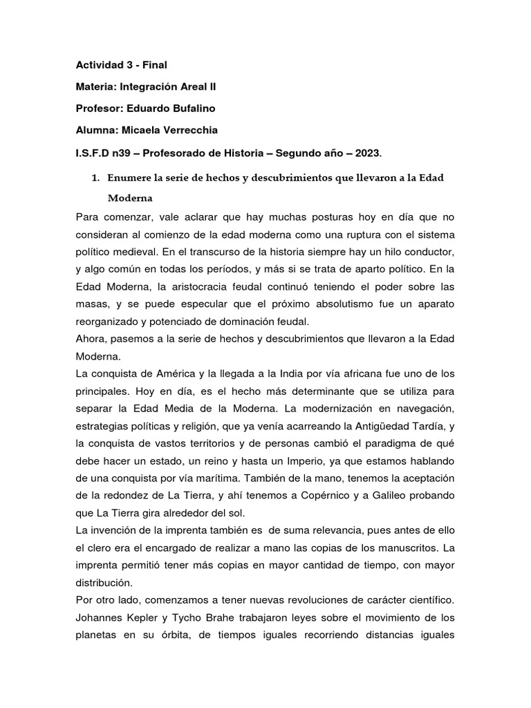 Actividad Final Integración Areal II - Micaela Verrecchia | PDF | Historiografía | Política mundial