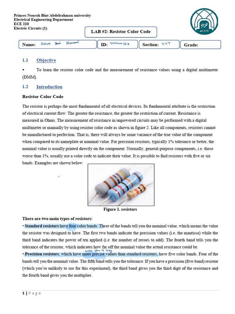 Lab No.2# FatimaAlansari 444000127 | PDF | Resistor | Electrical Resistance And Conductance