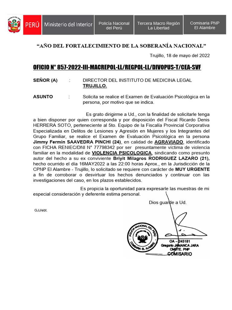 OF. RML Y PSICOLOGICO AGRAVIADA 2022 (Recuperado Automáticamente) | PDF | Asalto | Violencia ...