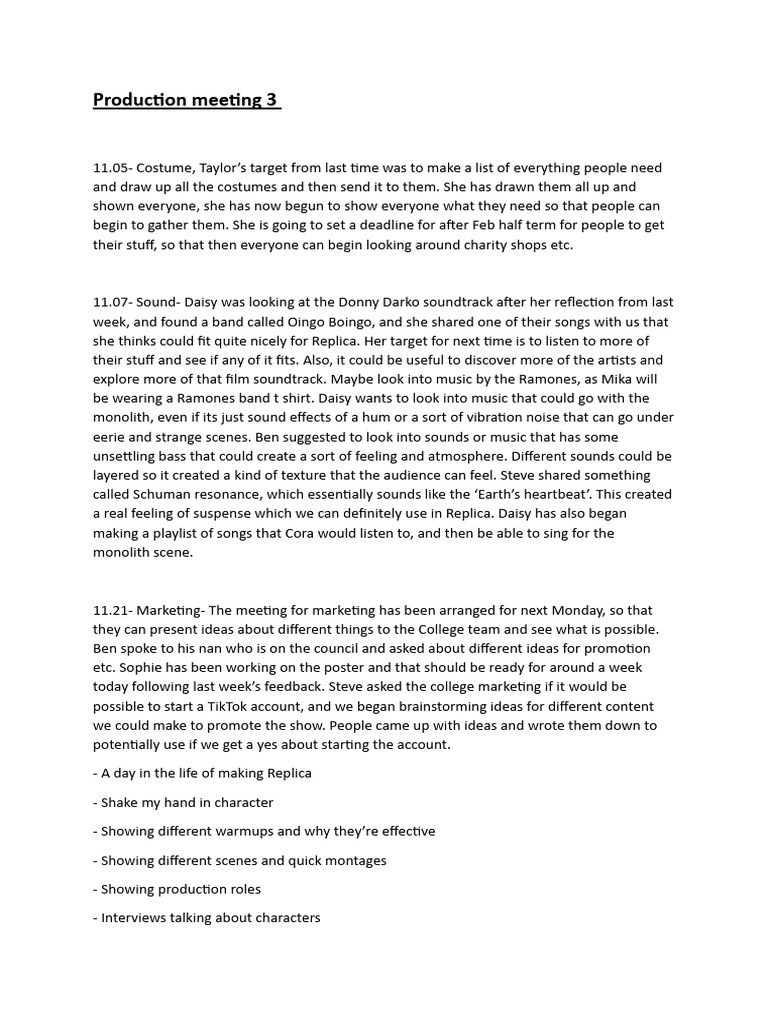 Production Meeting 3 | PDF | Language Arts & Discipline