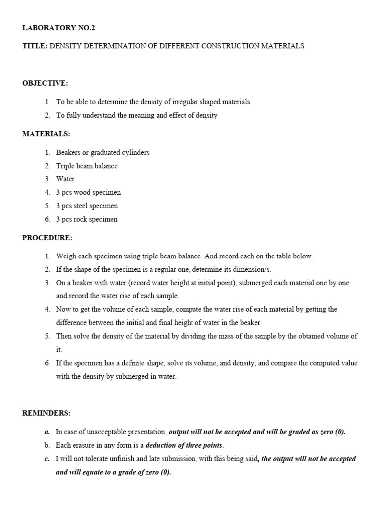 Lab.2 - Density Determination of Different Construction Materials 1 | PDF | Density | Volume