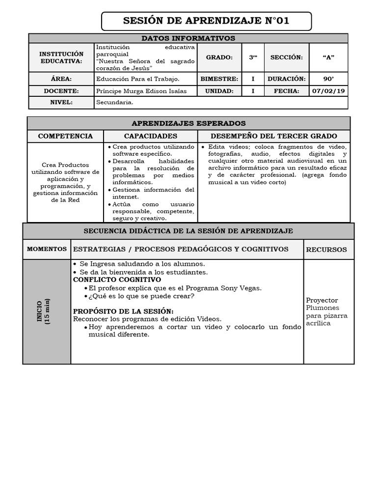 SESION DE APRENDIZAJE SONY VEGAS | PDF | Maestros | Aprendizaje