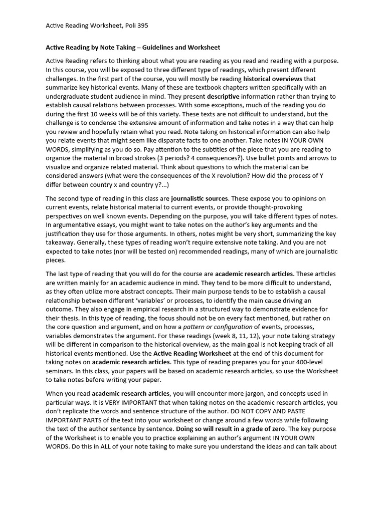 Active Reading Guidelines Worksheet | PDF | Concept | Worksheet