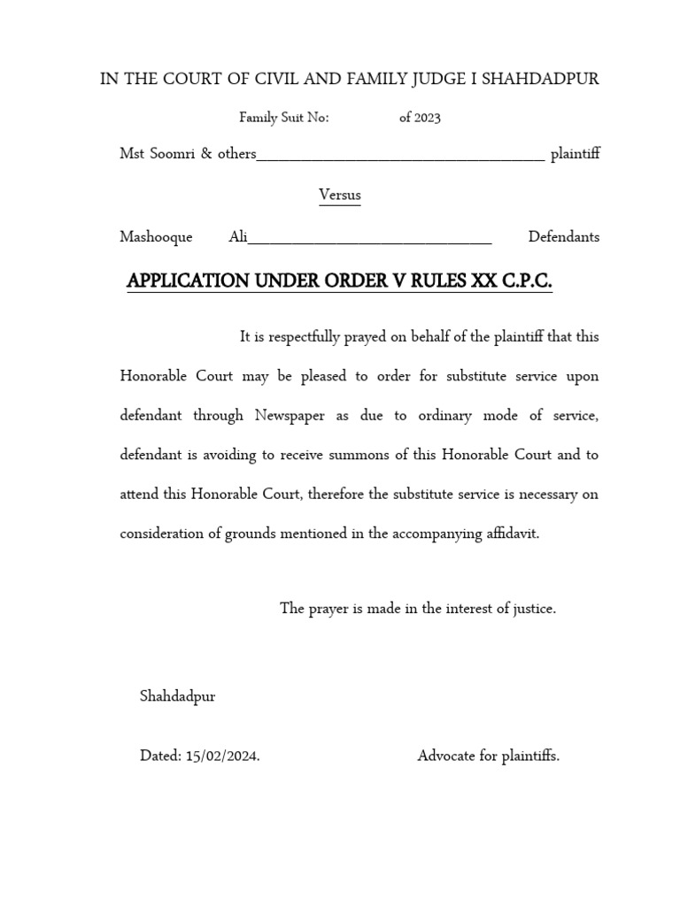 Application for Substitute Service CPC | PDF | Social Science | Law