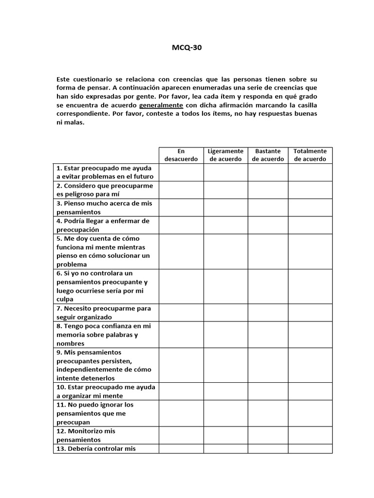 Cuestionario MCQ-30 sobre Creencias Mentales | PDF | Relaciones ...