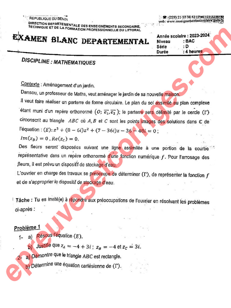 BAC BLANC 2024 MATHEMATIQUES SERIE D DÉPARTEMENTAL DU LITTORAL | PDF