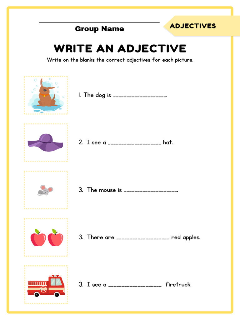 Yellow and White Write an Adjective English Grammar Worksheet | PDF