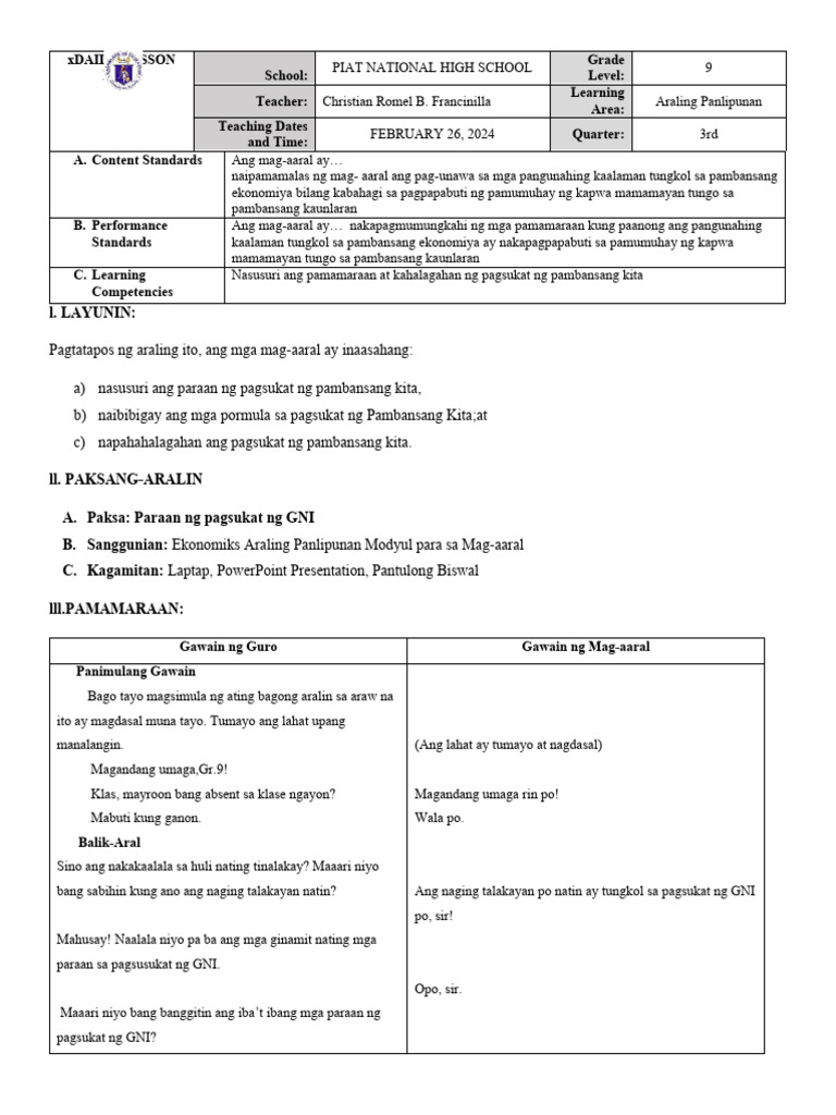 DAILY LESSON PLAN Continuation Sa Pagsukat NG GNI | PDF