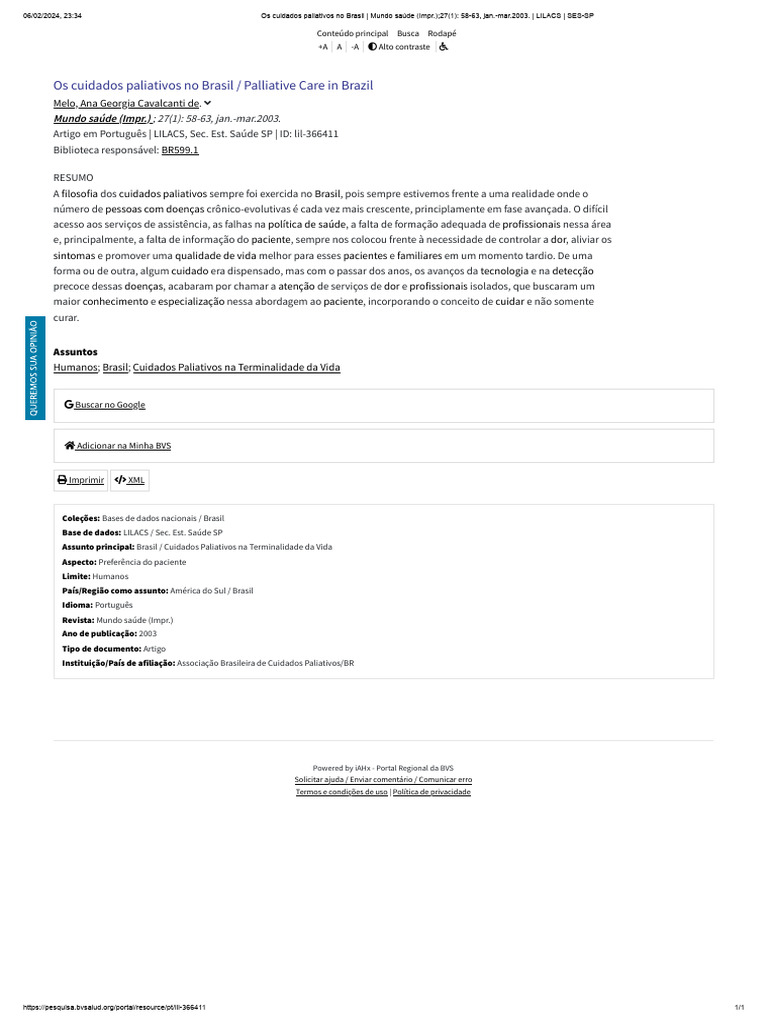 Os Cuidados Paliativos No Brasil - Mundo Saúde (Impr.) 27 (1) - 58-63, Jan.-Mar.2003. - LILACS ...