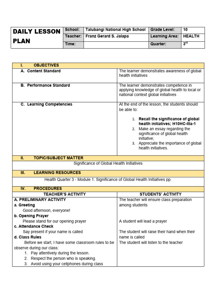 Global Health Initiatives in Grade 10 Health | PDF | World Health ...