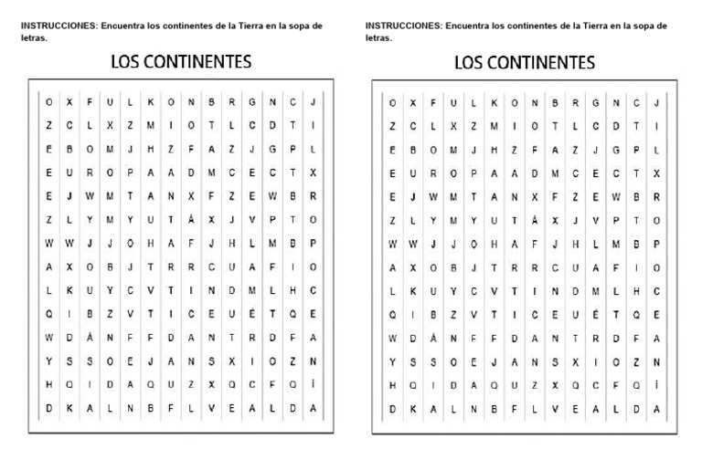 Sopa de Letras: Continentes de la Tierra | PDF
