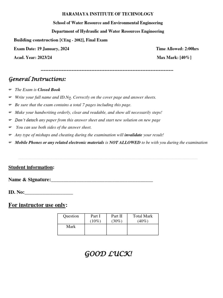 Building Construction Final Exam 2024 | PDF